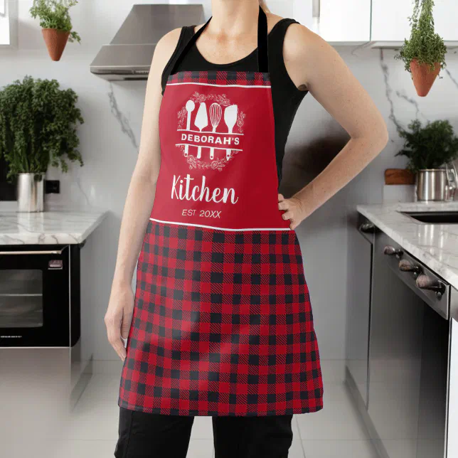 Black and Red Buffalo Plaid Kitchen Name Apron | Zazzle