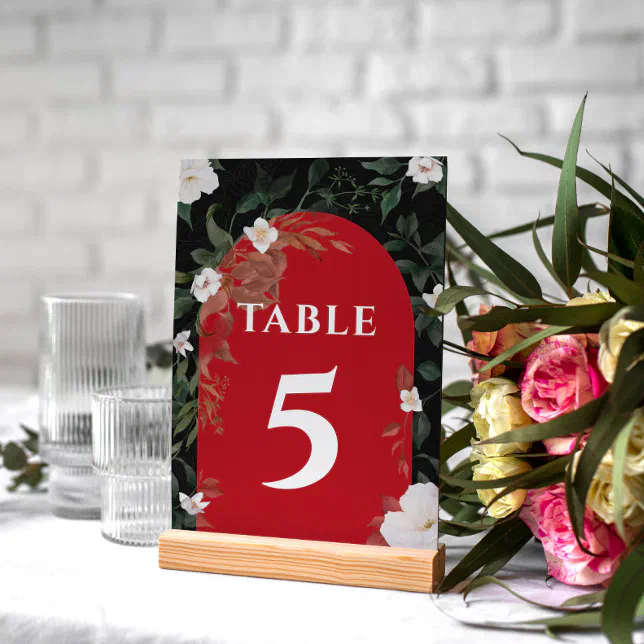 Black and Red Elegant White Floral Wedding Table Number | Zazzle