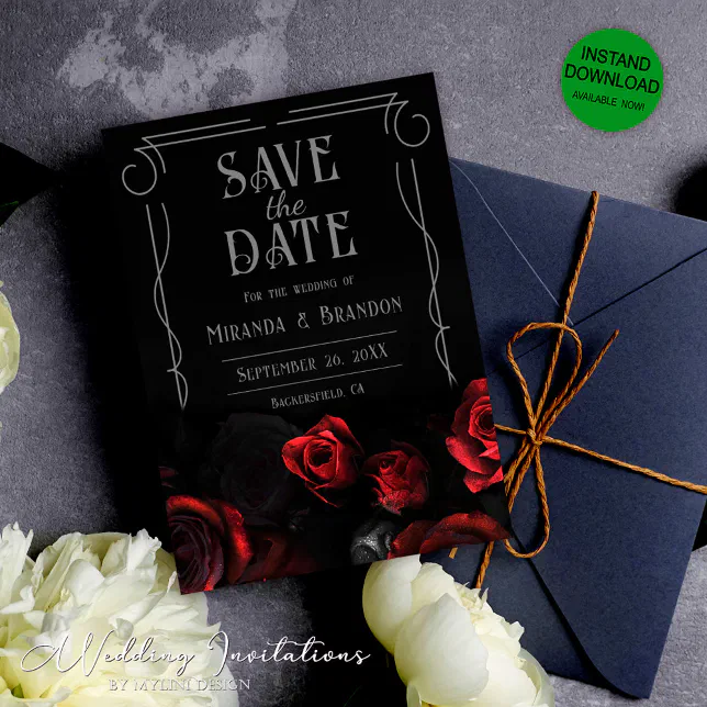 Black and Red Floral Wedding Save the Date Card | Zazzle