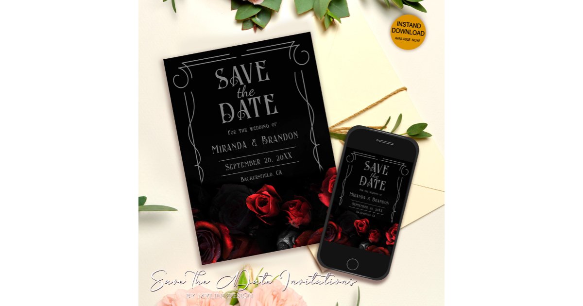 Black and Red Floral Wedding Save the Date Card | Zazzle