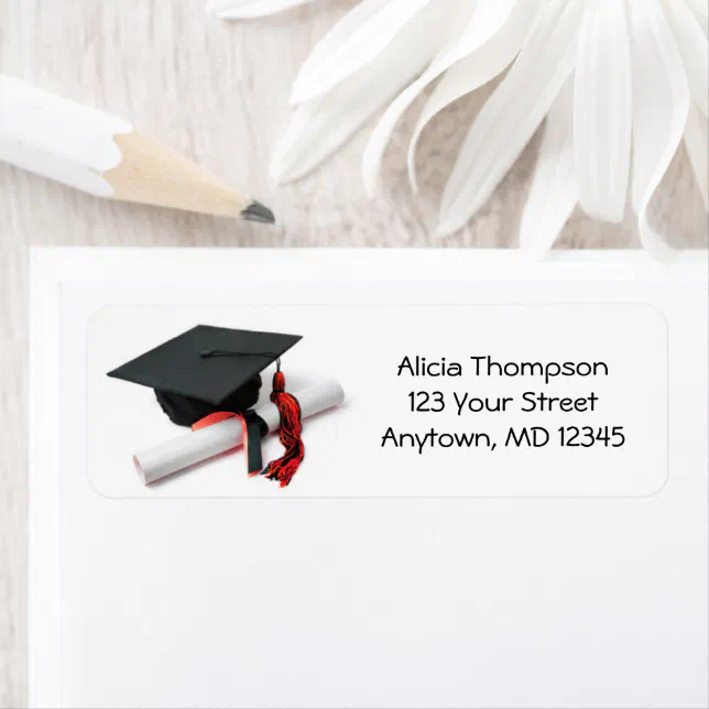 Black and Red Graduation Cap and Tassel Address Label | Zazzle