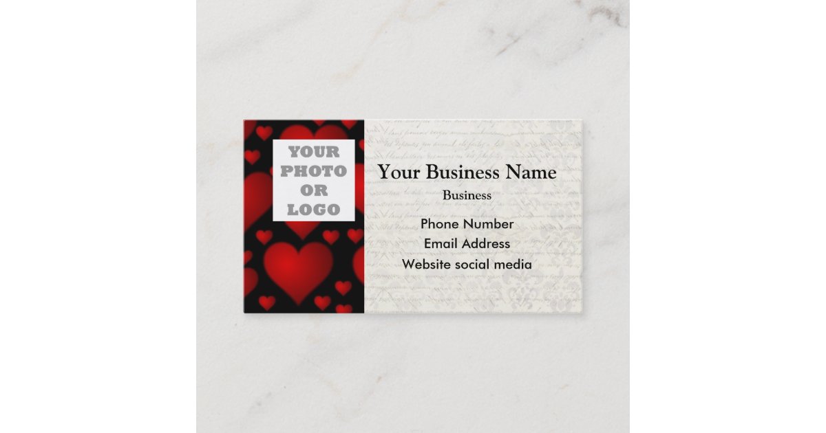 Black and red heart pattern photo template business card | Zazzle