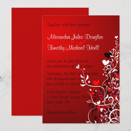 Black and red heart swirls wedding 5x7 invitation | Zazzle