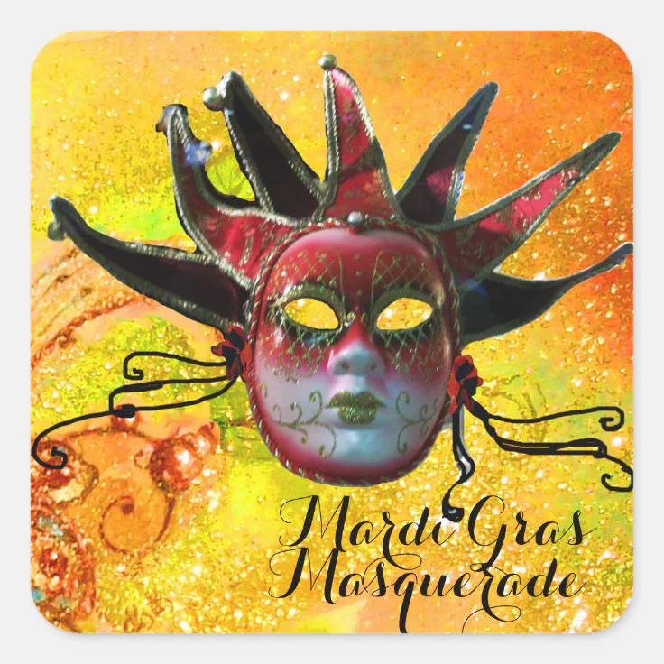 BLACK AND RED JESTER MASK IN YELLOW Masquerade Square Sticker | Zazzle