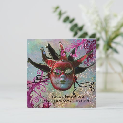 BLACK AND RED JESTER MASK , Masquerade Party Gold Invitation | Zazzle