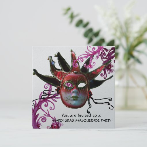 BLACK AND RED JESTER MASK ,Masquerade Party Silver Invitation | Zazzle