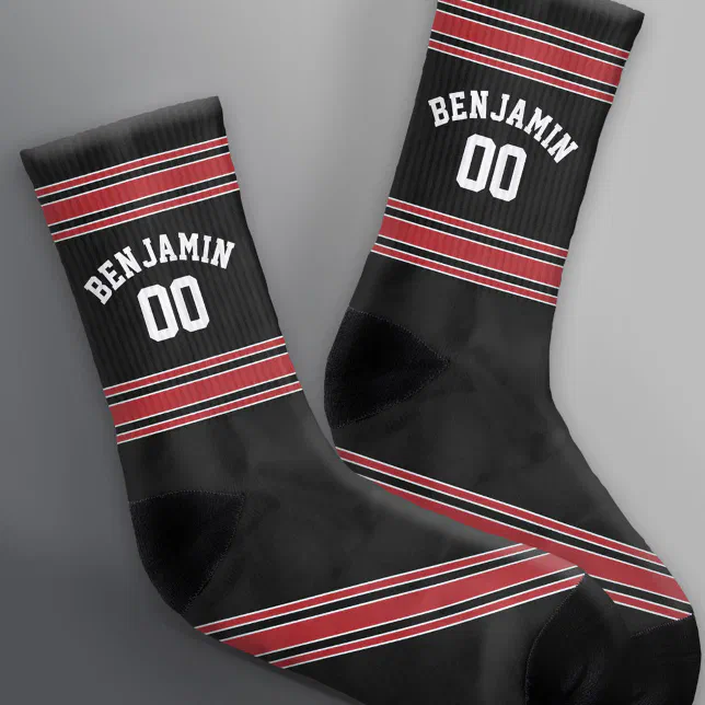 Black and Red Sports Jersey Custom Name Number Socks | Zazzle