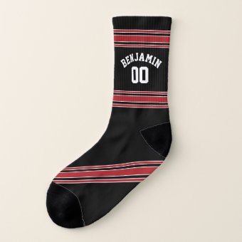 Black and Red Sports Jersey Custom Name Number Socks | Zazzle