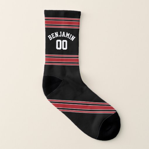 Black and Red Sports Jersey Custom Name Number Socks | Zazzle
