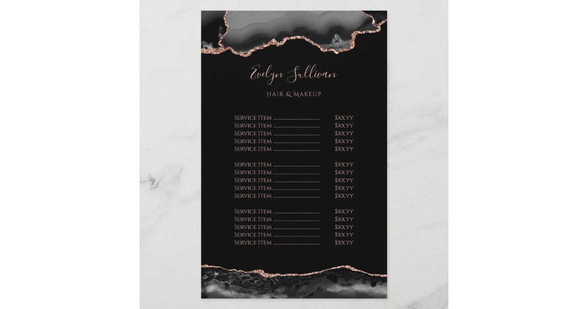Black and rose gold agate price list flyer | Zazzle