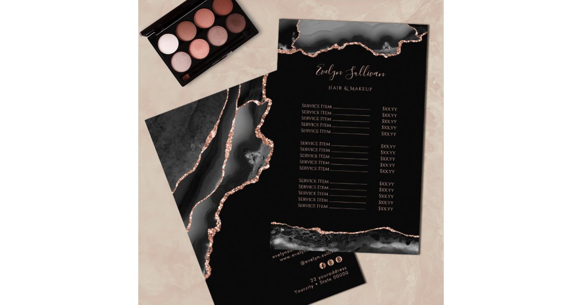 Black and rose gold agate price list flyer | Zazzle