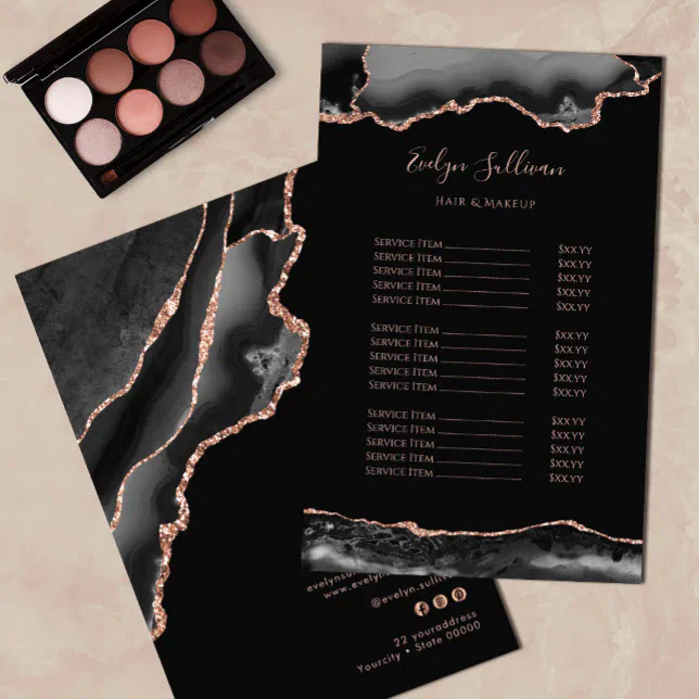 Black and rose gold agate price list flyer | Zazzle