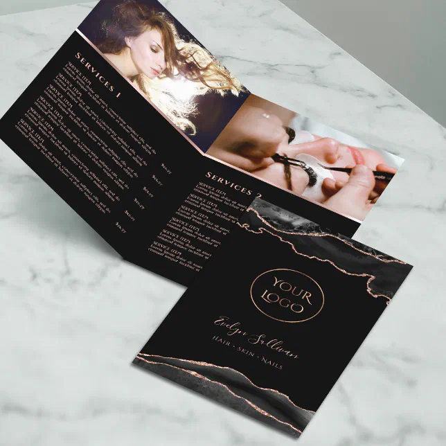 black and rose gold agate service menu brochure | Zazzle
