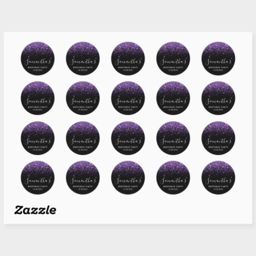 Black and Royal Purple Glitter Birthday Party Classic Round Sticker ...