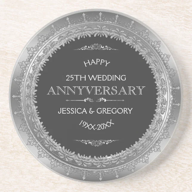 Black And Silver 25th Wedding Anniversary Design Coaster | Zazzle