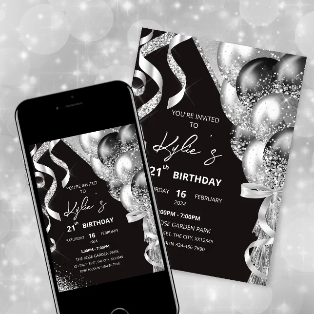 Black and Silver Birthday Party Invitation | Zazzle