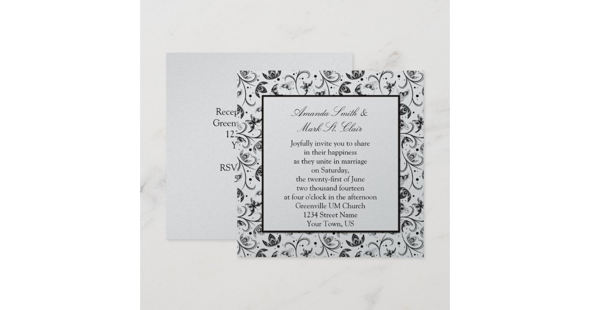 Black and Silver Floral Wedding Invitation | Zazzle