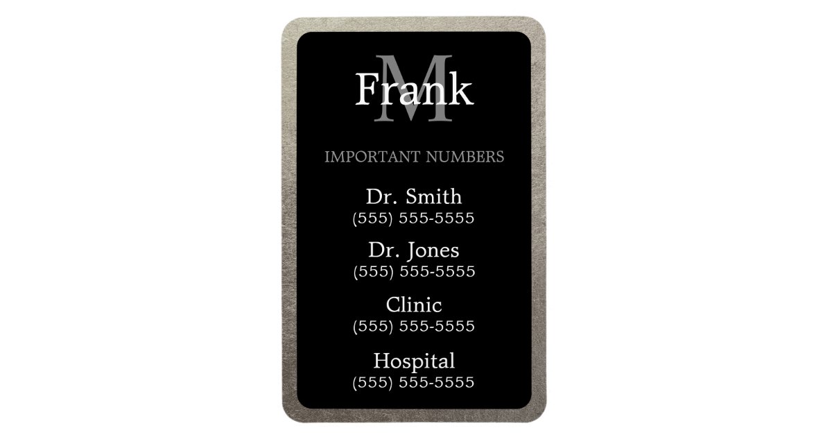 Black and Silver Foil Important Phone Numbers Magnet | Zazzle