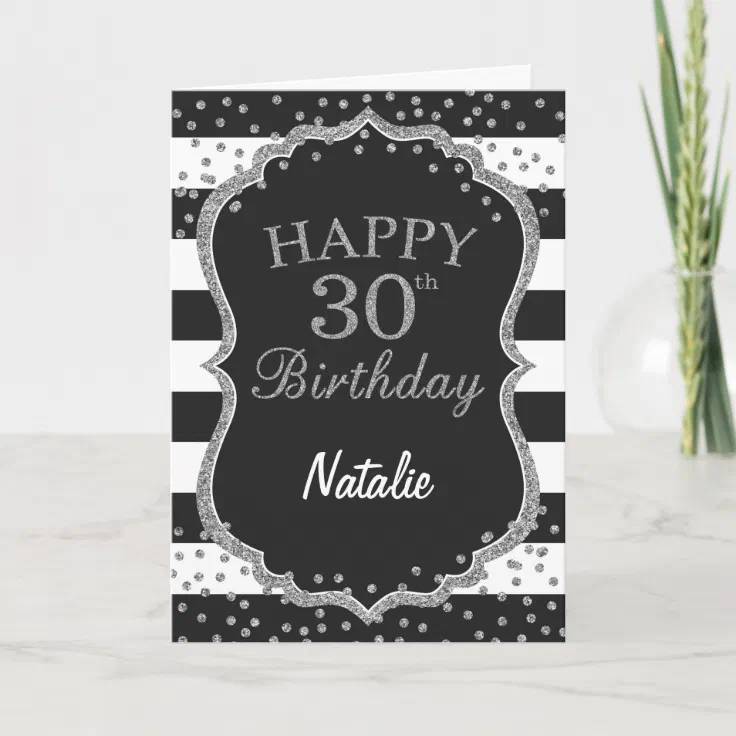 Black and Silver Glitter 30th Birthday Card | Zazzle