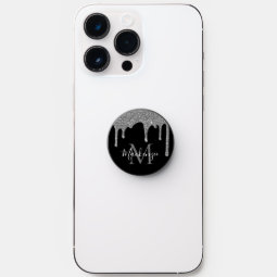 Black and Silver Glitter Drips Sparkle Monogram PopSocket | Zazzle