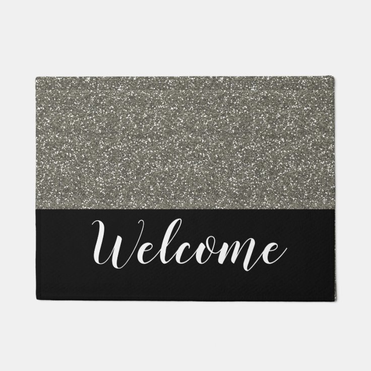 Black And Silver Glitter Look Welcome Doormat | Zazzle