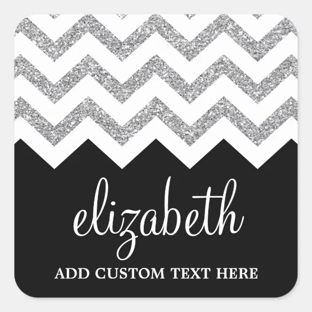 Black and Silver Glitter Print Chevron and Name Square Sticker | Zazzle