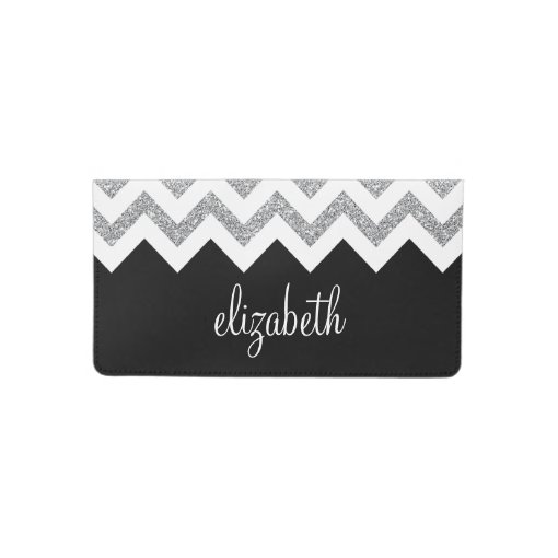 Black and Silver Glitter Print Chevrons and Name Checkbook Cover | Zazzle