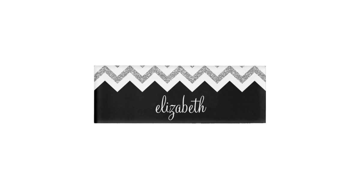 Black and Silver Glitter Print Chevrons and Name Name Tag | Zazzle