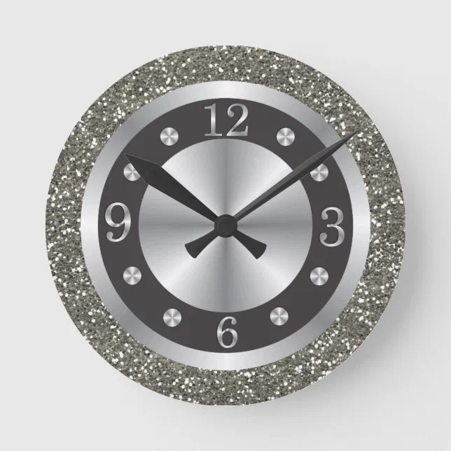 Black And Silver Glitter Round Clock | Zazzle