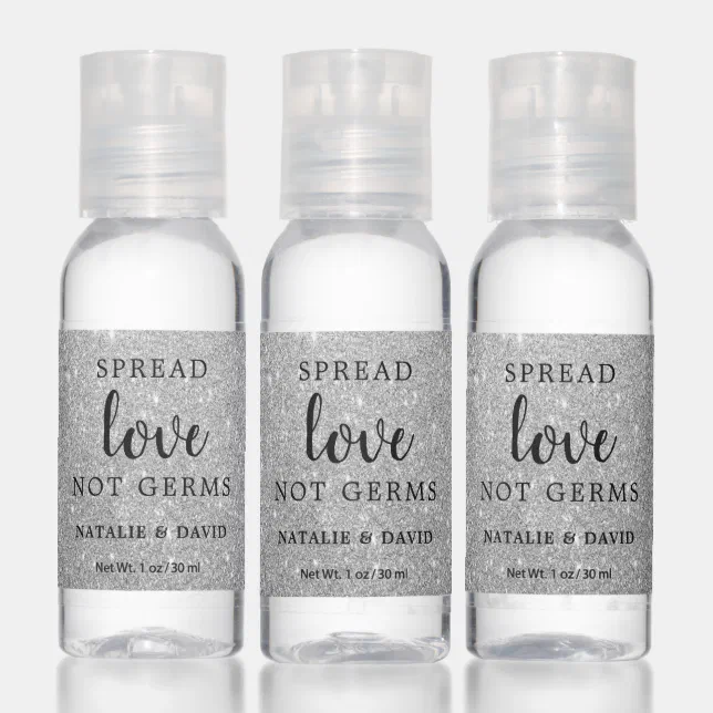 Black and Silver Glitter Spread Love Not Germs Hand Sanitizer | Zazzle