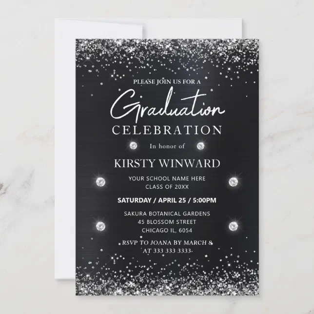 Black and Silver Metallic Glitter Graduation Invitation | Zazzle