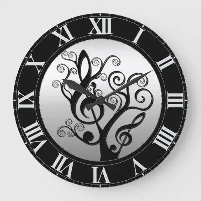 Black and Silver Music Treble Clef Tree Wall Clock | Zazzle