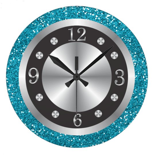 Black And Silver Numbers Turquoise Blue Glitter Large Clock | Zazzle.com