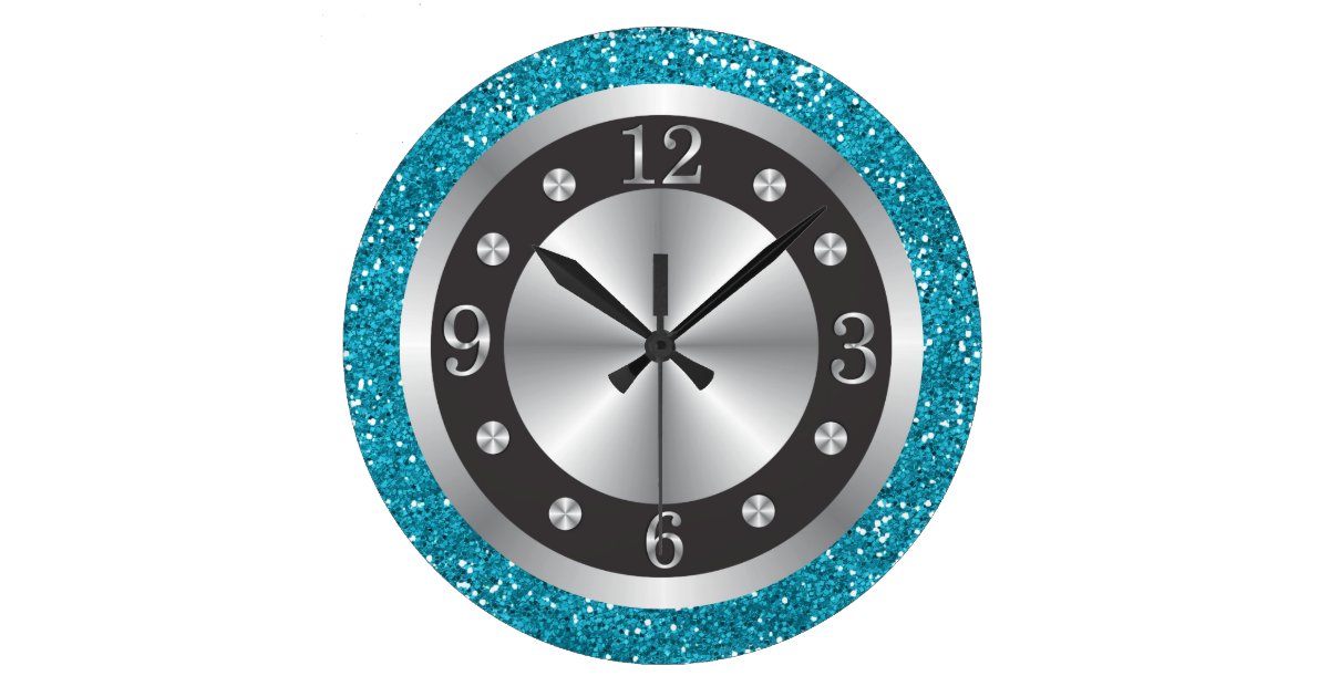 Black And Silver Numbers Turquoise Blue Glitter Large Clock | Zazzle.com