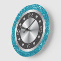 Black And Silver Numbers Turquoise Blue Glitter Large Clock | Zazzle