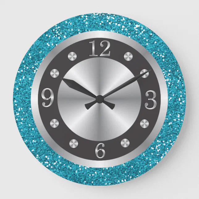 Black And Silver Numbers Turquoise Blue Glitter Large Clock | Zazzle