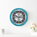 Black And Silver Numbers Turquoise Blue Glitter Large Clock | Zazzle