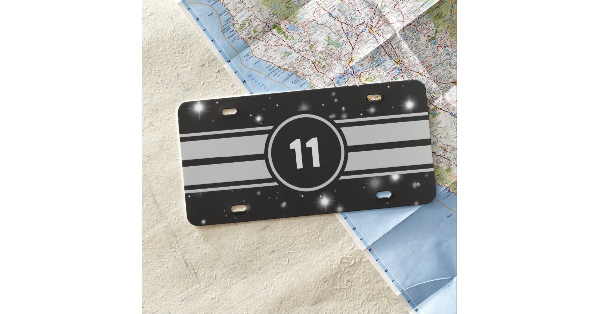 Black and Silver Racing Stripes Starlight License Plate | Zazzle