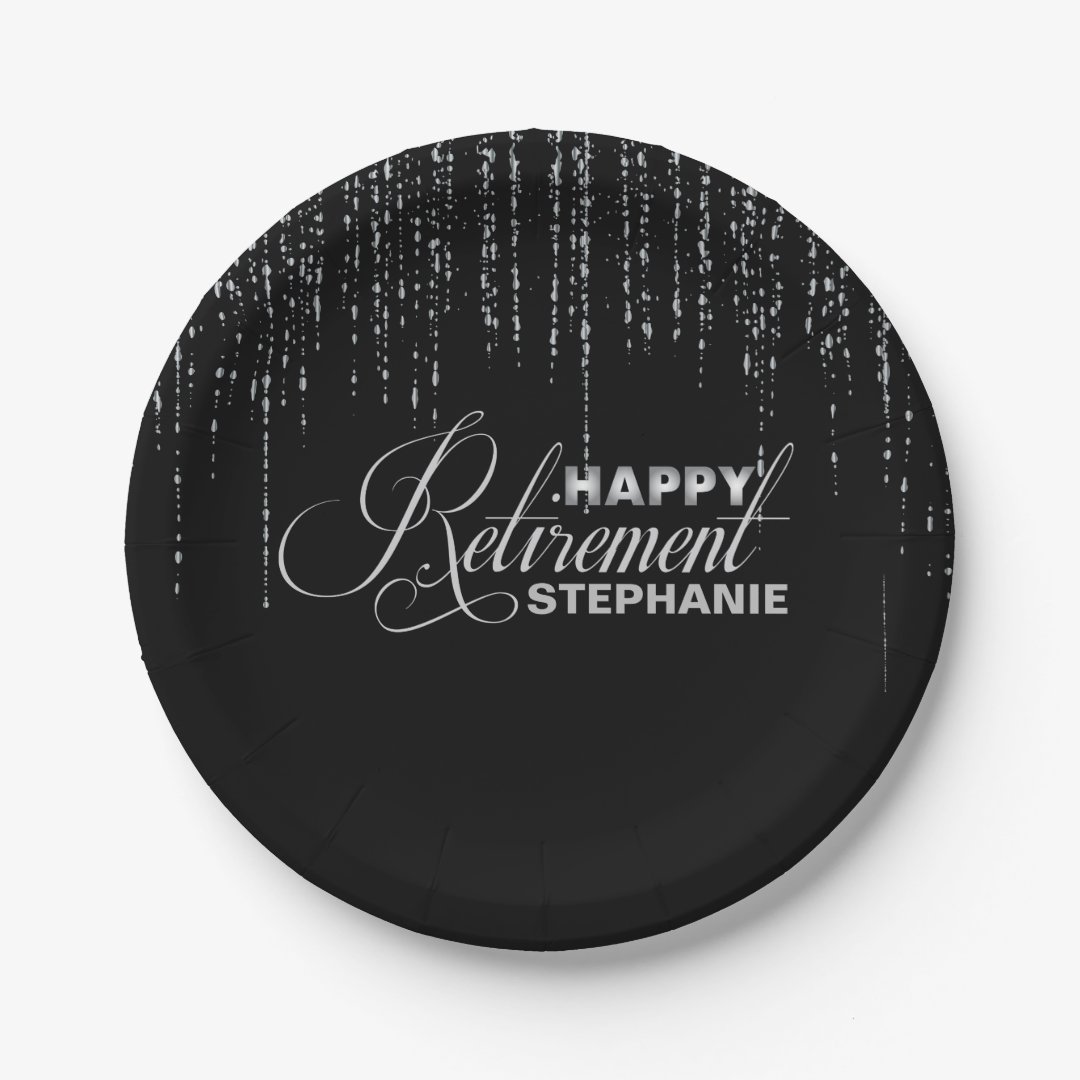 Black and Silver Retirement Party Plates | Zazzle