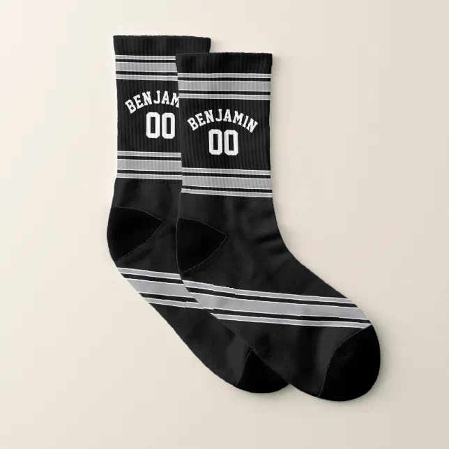 Black and Silver Sports Jersey Custom Name Number Socks | Zazzle