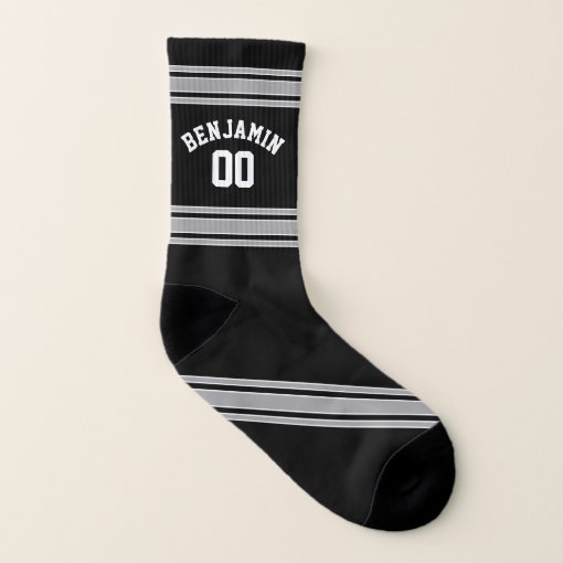 Black and Silver Sports Jersey Custom Name Number Socks | Zazzle