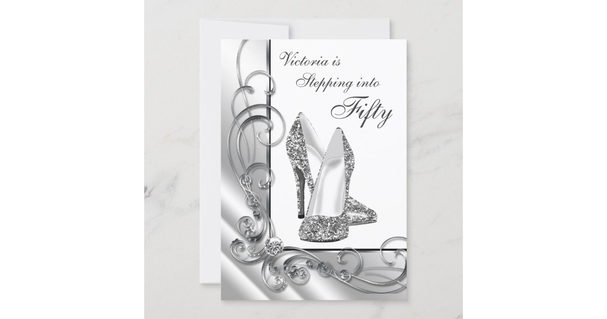 Black and Silver Stepping Into 50 Birthday Party Invitation | Zazzle
