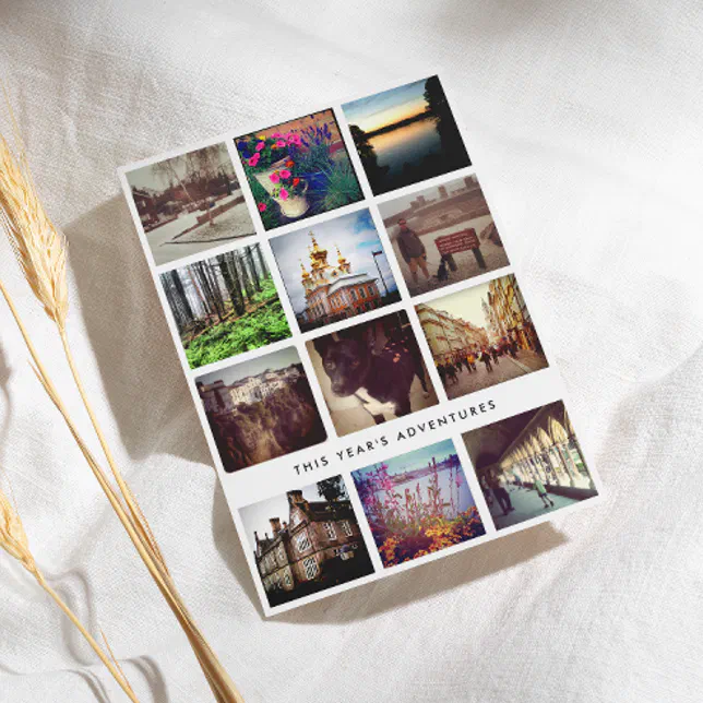 Black and White 12 Square Photo Grid Collage Holiday Card | Zazzle