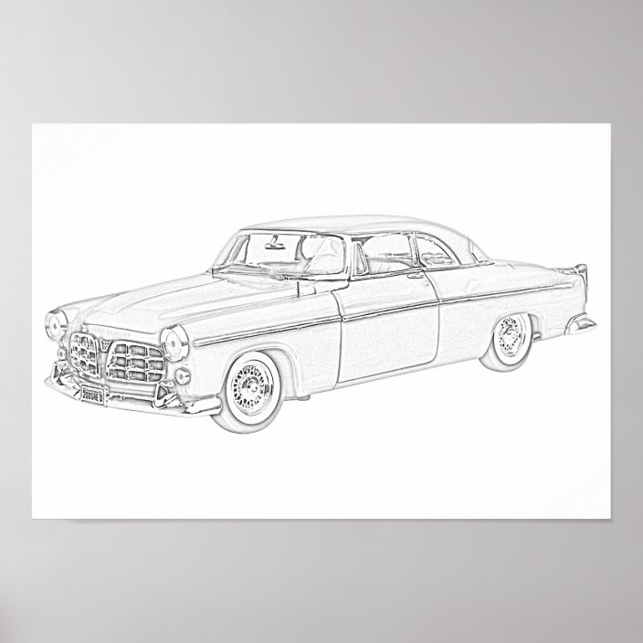 Black and White 1955 Chrysler 300 Pencil Drawing Poster | Zazzle
