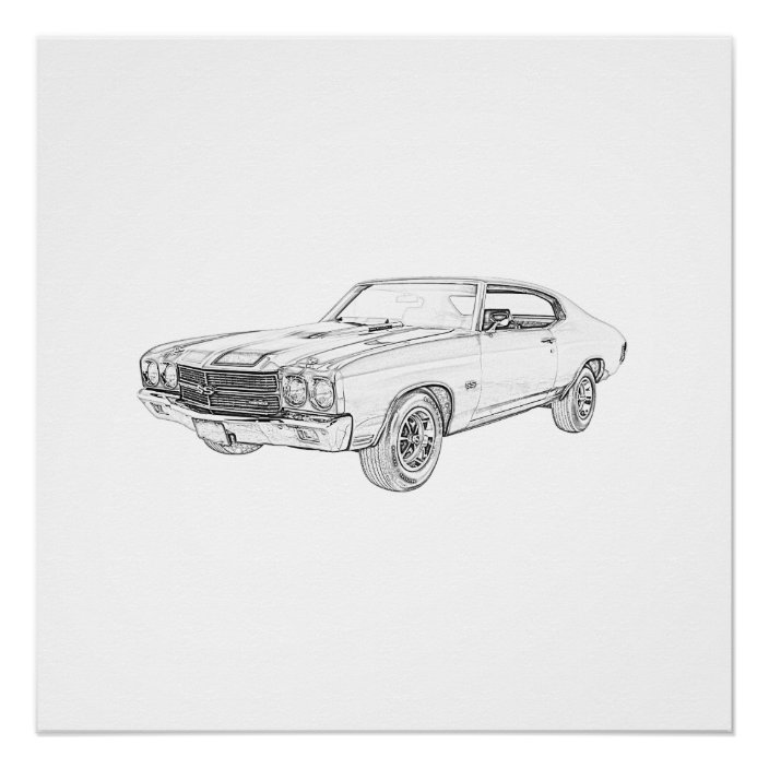 Black and White 1970 chevy chevelle Pencil Drawing Poster | Zazzle.com