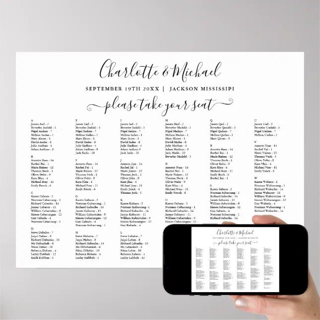 Black And White 200 Names Wedding Seating Chart | Zazzle