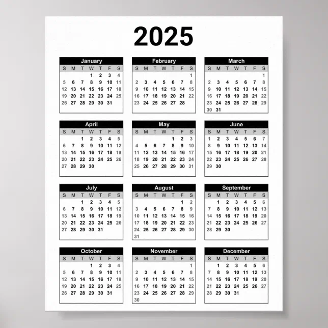 Black and White 2025 Year At A Glance Calendar Poster | Zazzle