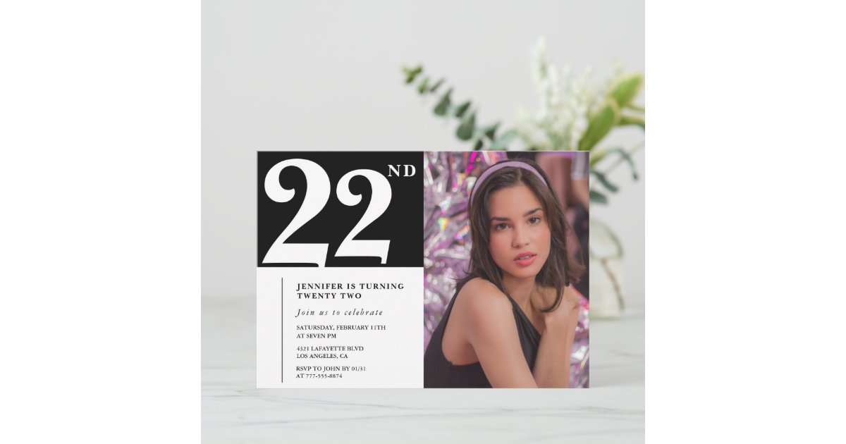 Black and White 22nd birthday Invitations Girl | Zazzle