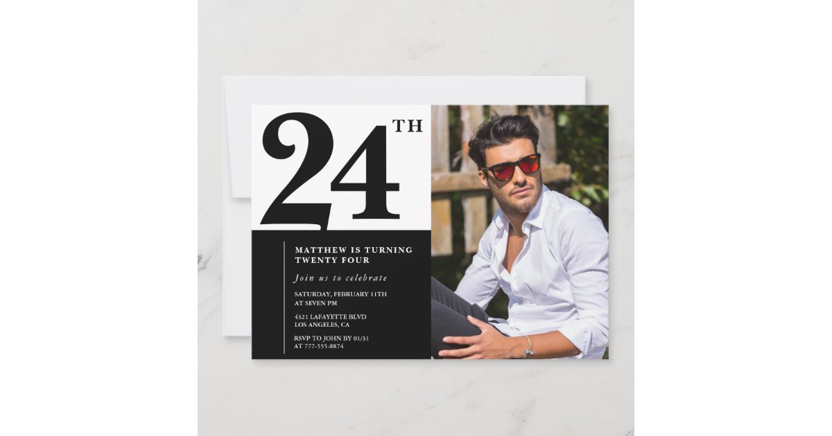 Black and White 24th Birthday Invitations Photo | Zazzle