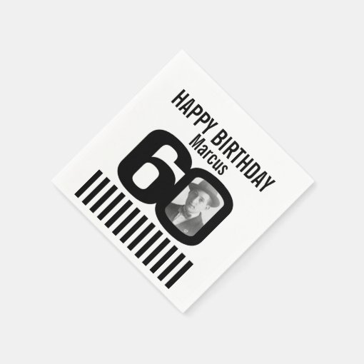 Black and white 60th birthday stripe photo napkins | Zazzle
